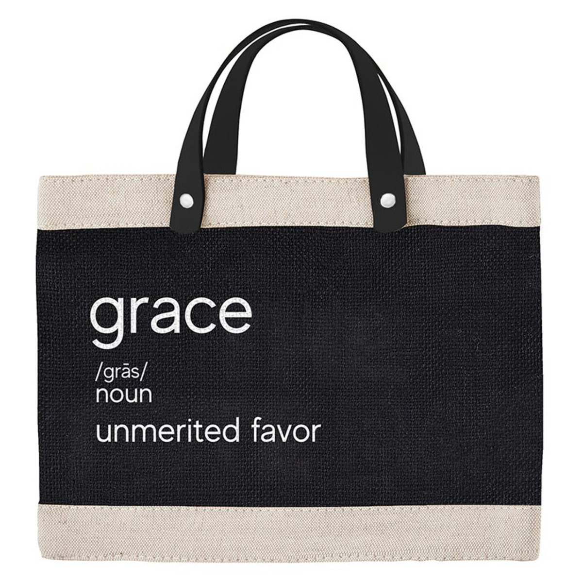 Mini Market Tote Bag, Burlap, Grace, Black